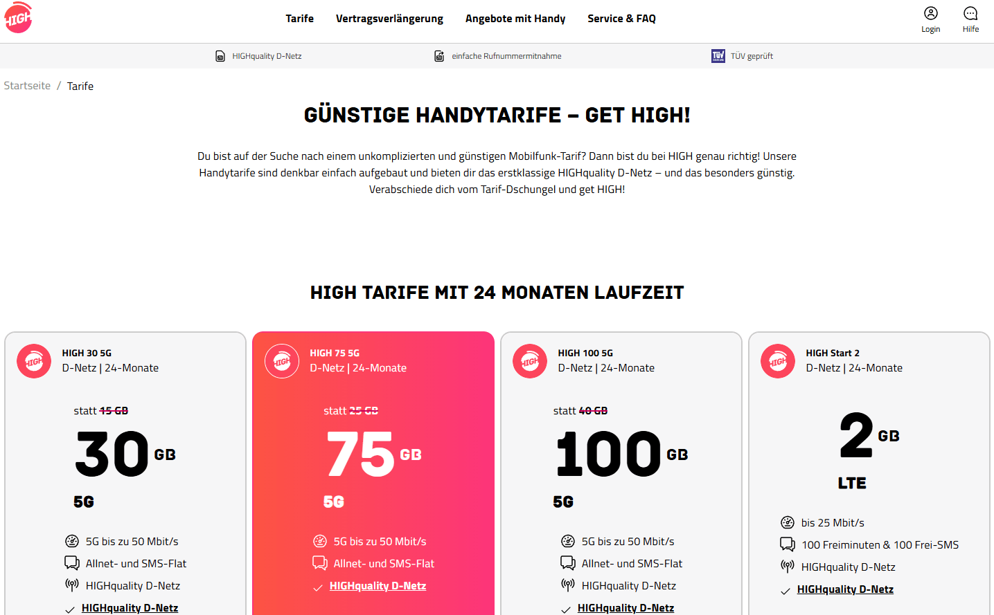 HIGH mobile Tarife im D1-Netz mit 5G - Angebote ab 3,50